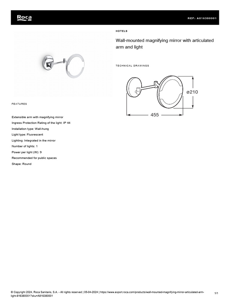 Wall-Mounted Magnifying Mirror With Articulated Arm and Light | PDF