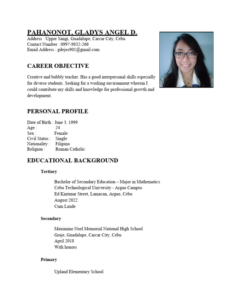 Gladys Angel D. Pahanonot - Resume | PDF | Teachers | Human Communication