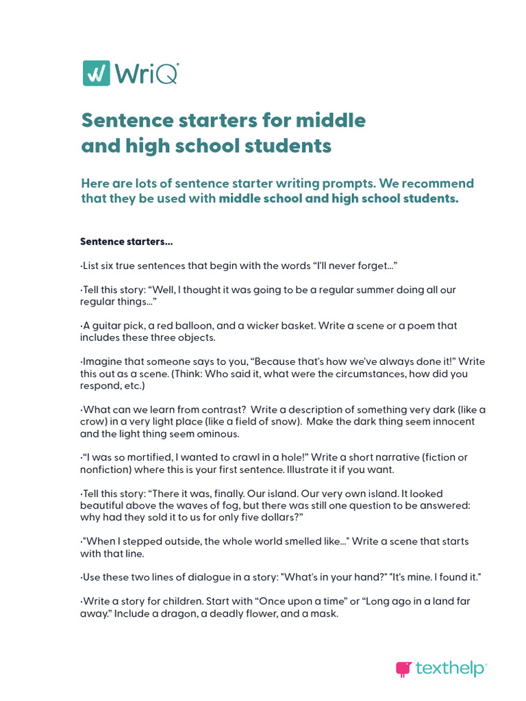 WriQ Word Challenge Writing Prompts - Sentence Starters | PDF