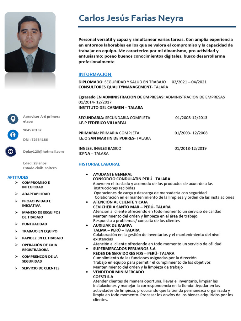 Perfil Profesional de Carlos Farias | PDF | Perú
