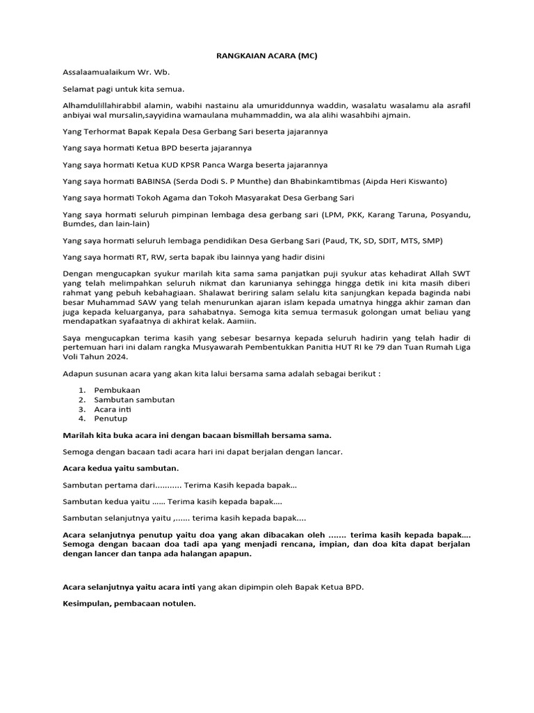 RANGKAIAN ACARA MC Pembentukkan Panitia Hut Ri | PDF