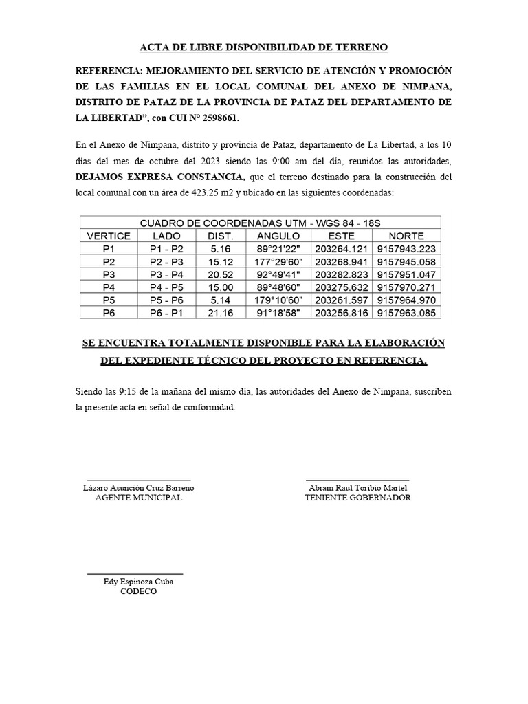 Acta de Libre Disponibilidad de Terreno | PDF