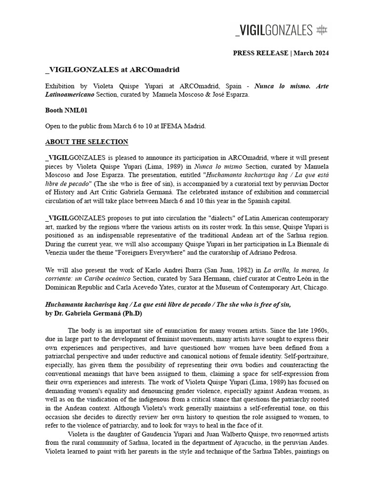 ENG - PRESS - Nunca Lo Mismo - VIGILGONZALES | PDF | Patriarchy | Mother