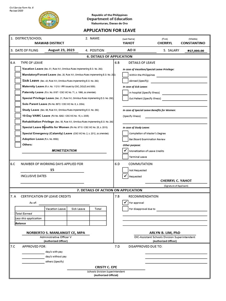 Form-6 Revised-2020 Teacher Elem | Download Free PDF | Sick Leave ...