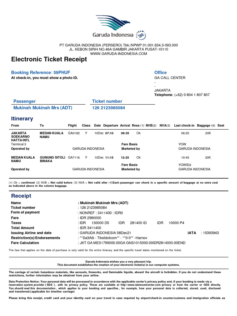 Garuda Indonesia Electronic Ticket Receipt | PDF