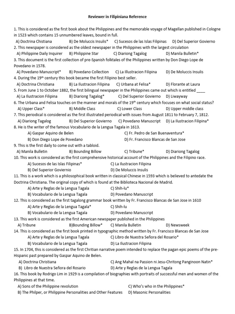 Reviewer in Filipiniana Reference | PDF | Tagalog Language | Philippines