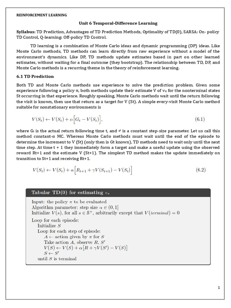 Unit 06 Temporal Difference Learning Pdf Applied Mathematics