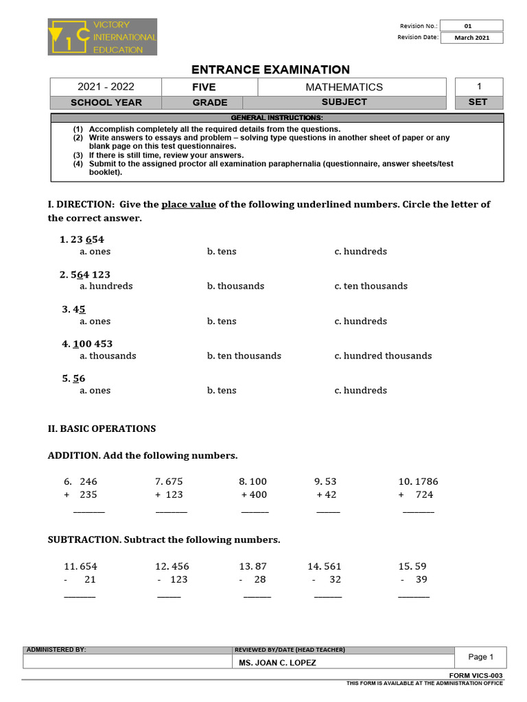 Entrance Test Math 5 | PDF | Numbers | Arithmetic