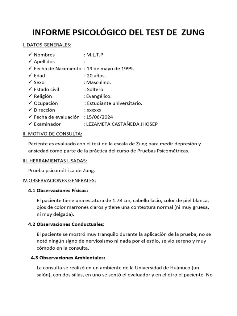 Informe Psicológico Del Test de Zung y Del Test Del SRQ | PDF ...