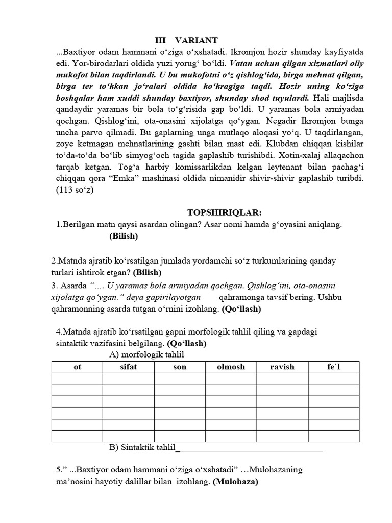9 Sinf Ona Tili 3 VARIANT Javobi | PDF