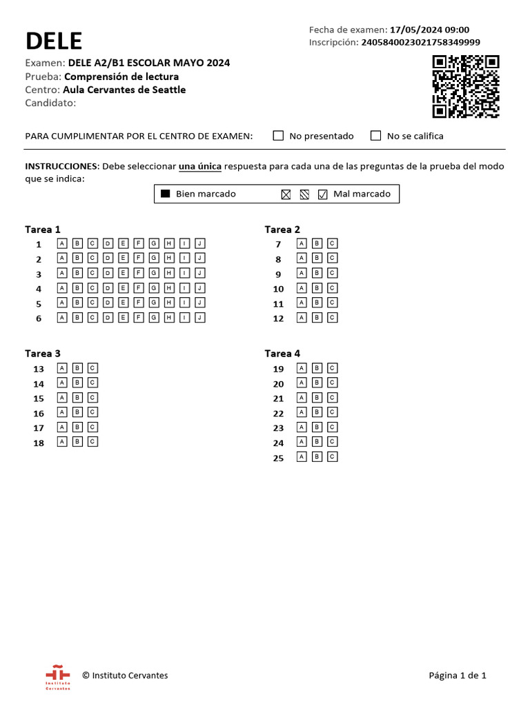 DELE A2 - B1 ESCOLAR - Modelo de Hoja de Respuesta | PDF | Evaluación y ...
