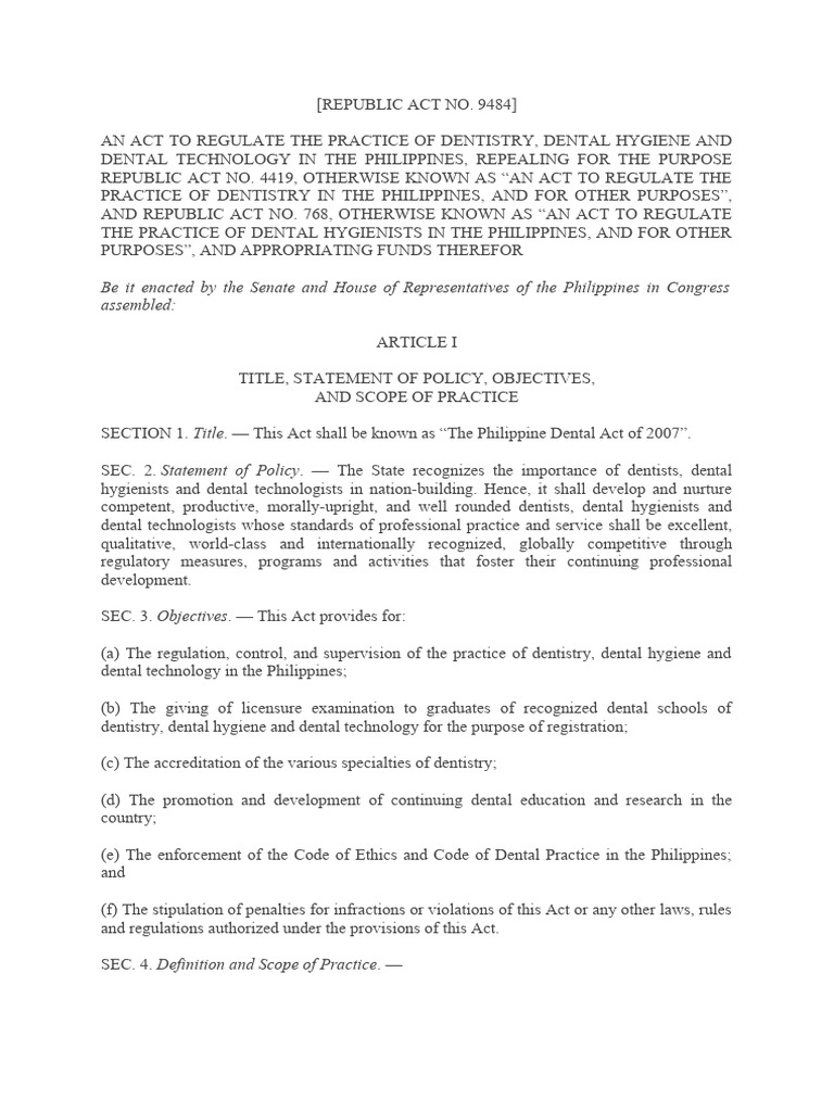 REPUBLIC ACT No. 9484 For Dental | PDF | Dentistry | Dentist