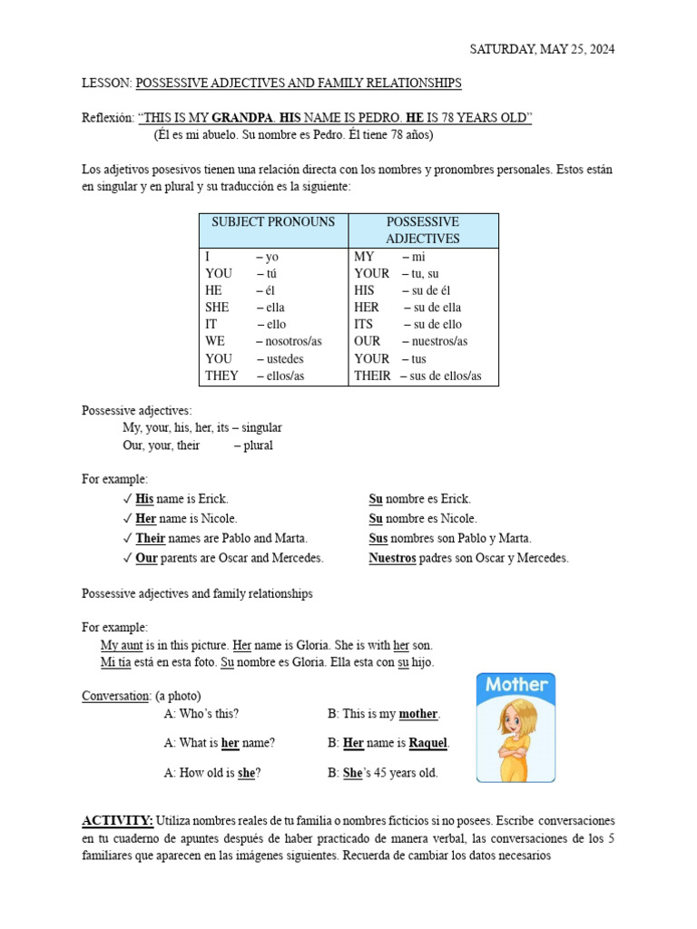 Possessive Adjectives and Family Relations | PDF | Grammar | Semantics