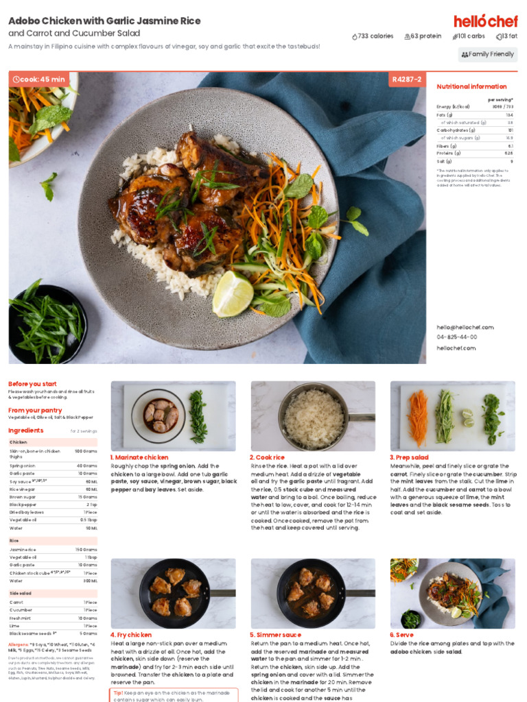 Adobo Chicken With Garlic Jasmine Rice and Carrot and Cucumber Salad ...