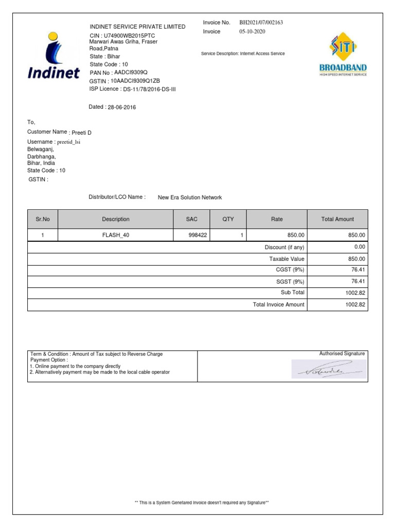 Internet Service Invoice - Indinet Pvt Ltd | PDF | Service Industries ...