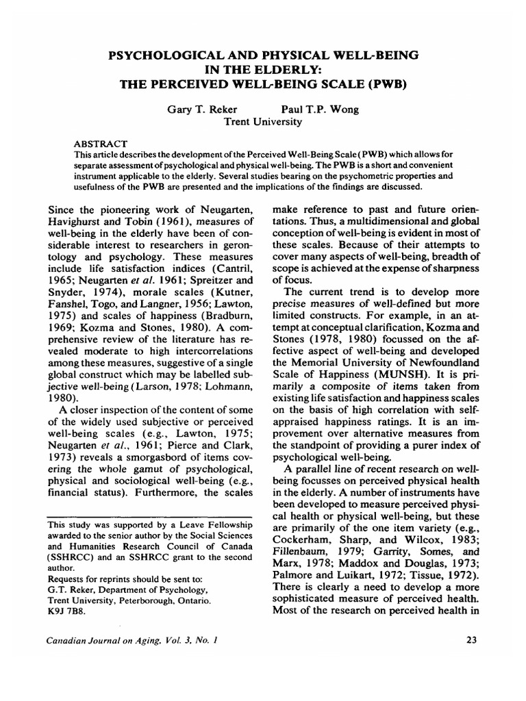 Psycholigal and Physical Wellbeing in The Elderly Well Being Scale (PWB) | PDF | Well Being ...