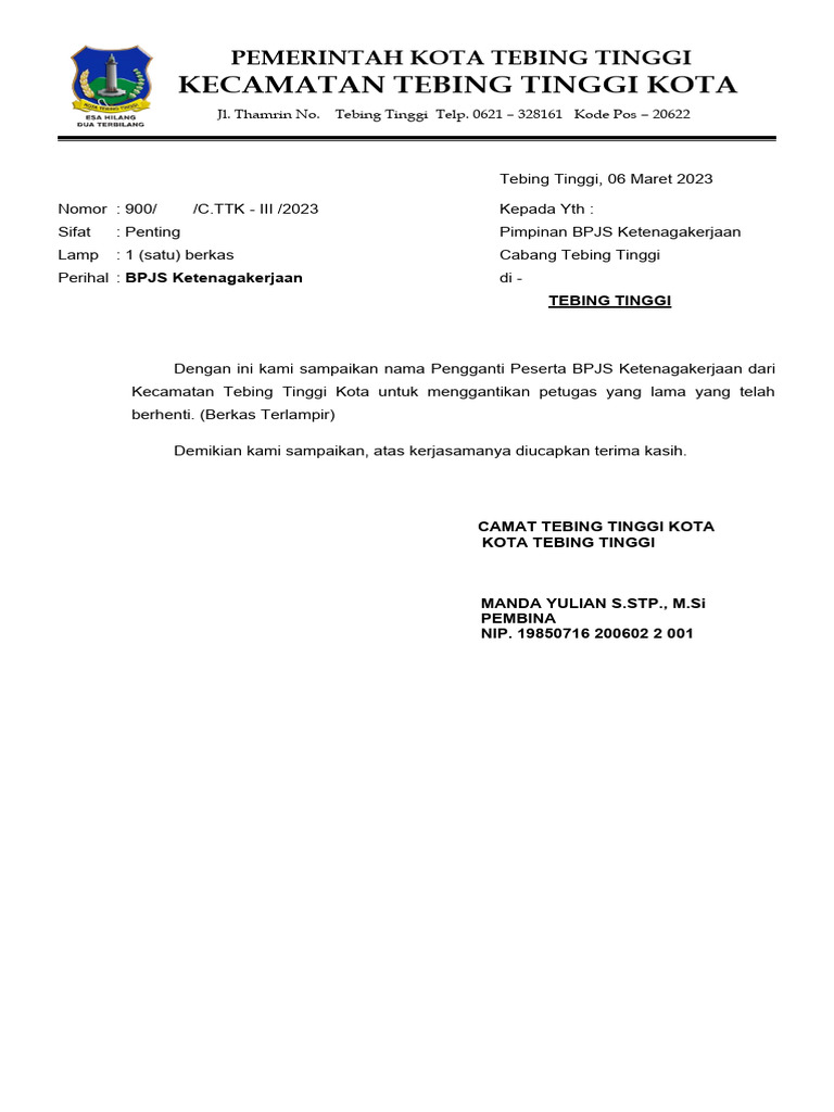 Surat Pengantar BPJS Ketenagakerjaan | PDF