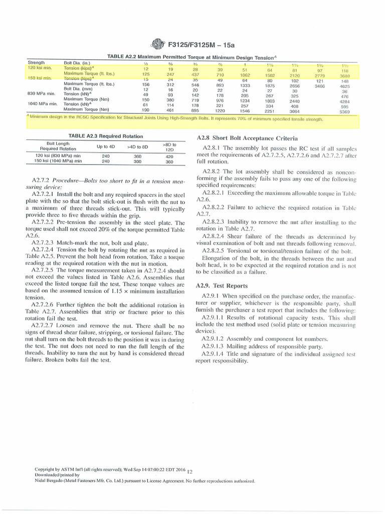 Tabla de Torque Astm f3125 | PDF