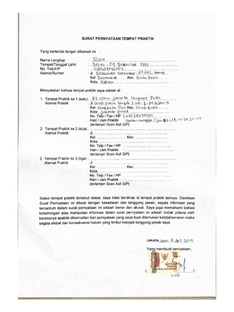 Surat Pernyataan Tempat Praktik | PDF