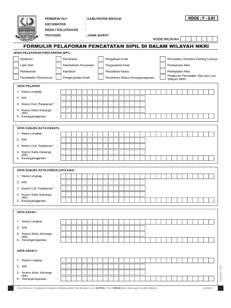 Formulir Pelaporan Pencatatan Sipil Di Dalam Nkri New (F-2.01) Asli | PDF