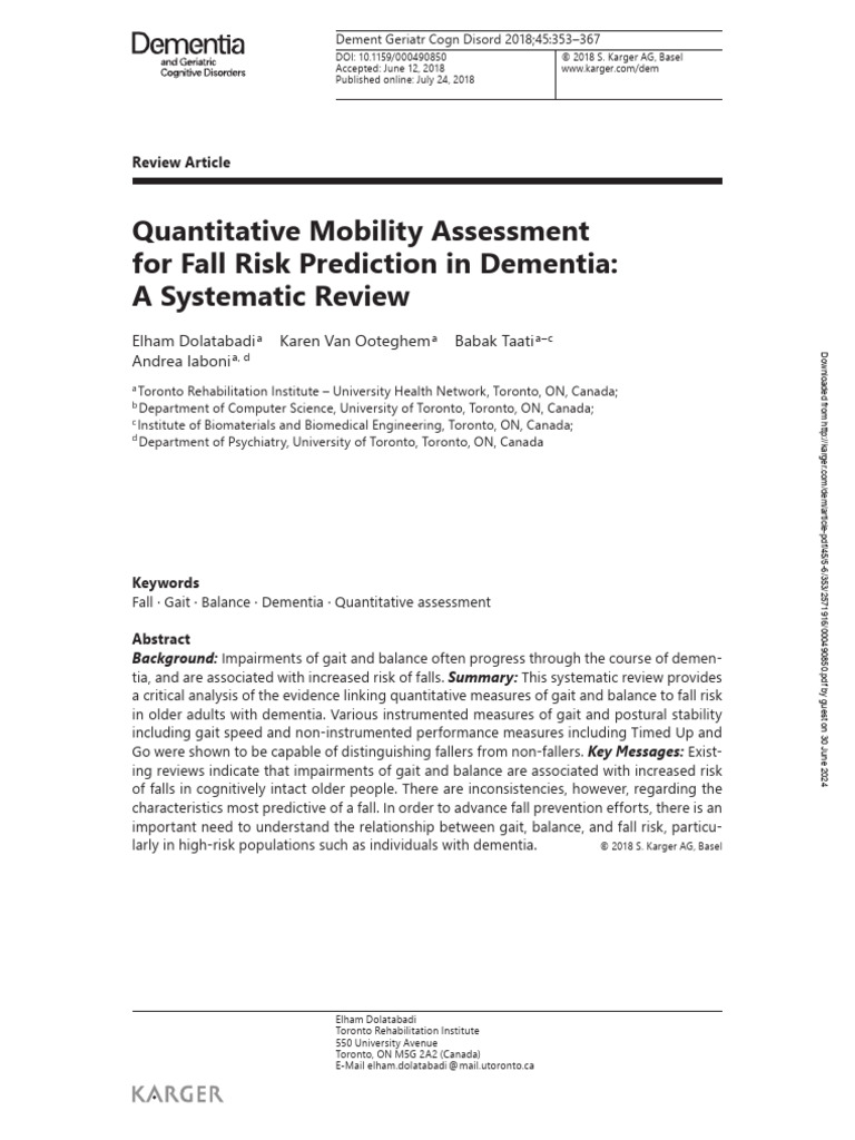 Quantitative Mobility Assessment For Fall Risk Prediction in Dementia ...