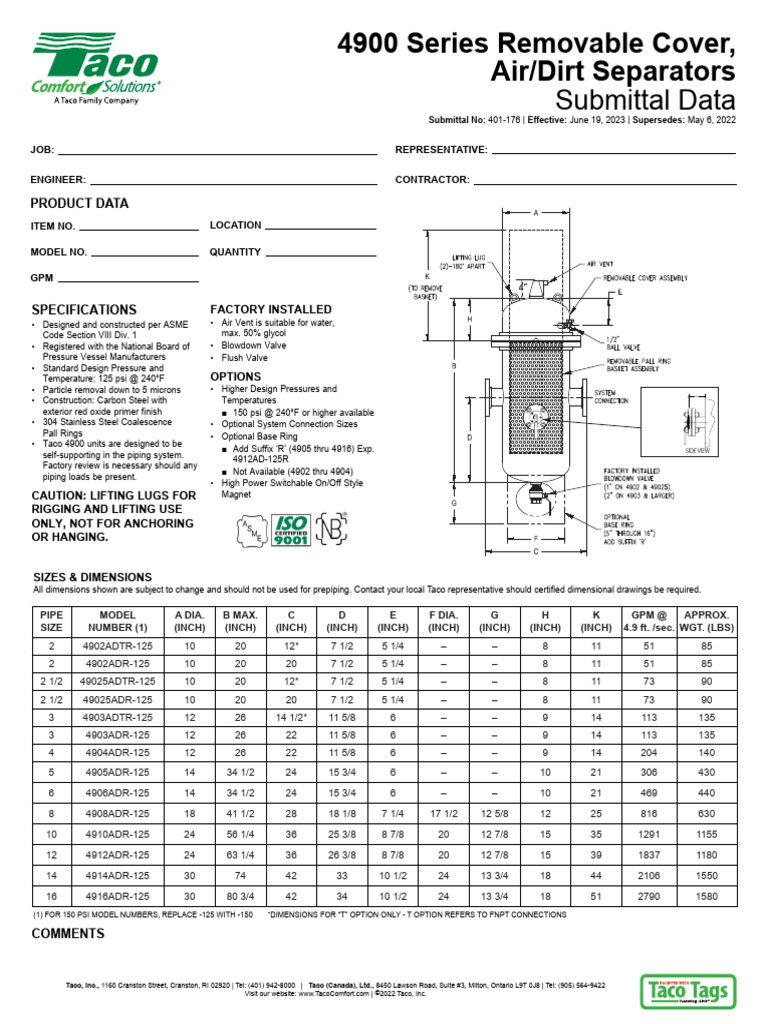 4900 Removable Cover Air Dirt Separators Submittal 401-176 | PDF ...