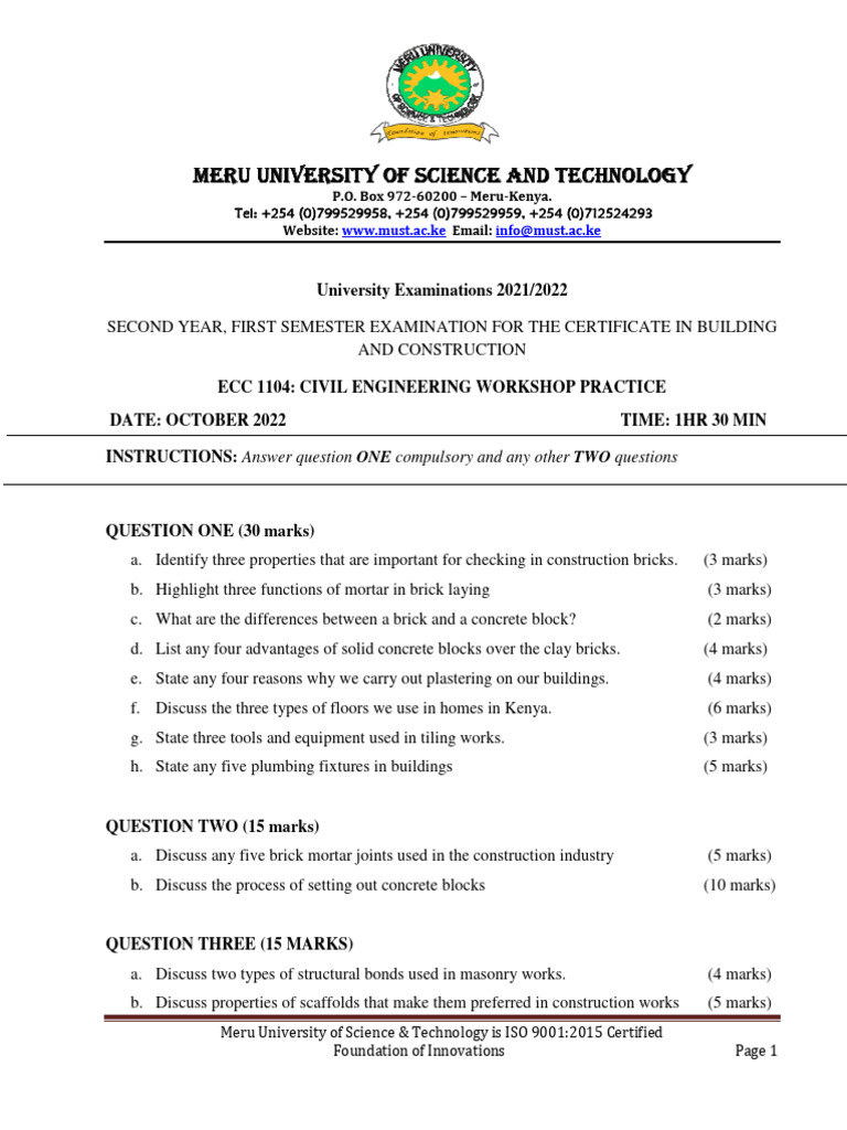 ECC 1104 Civil Engineering Workshop Practice | PDF | Brick | Concrete