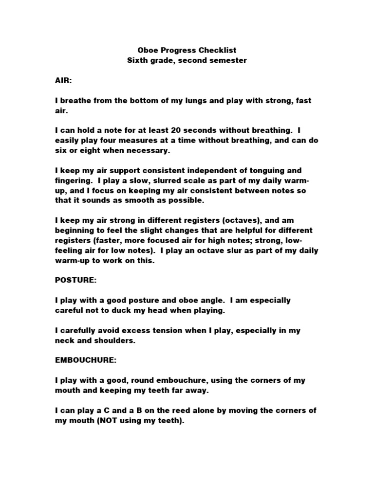 Oboe Progress Checklist First Year, Optimistic | PDF | Oboe | Scale (Music)