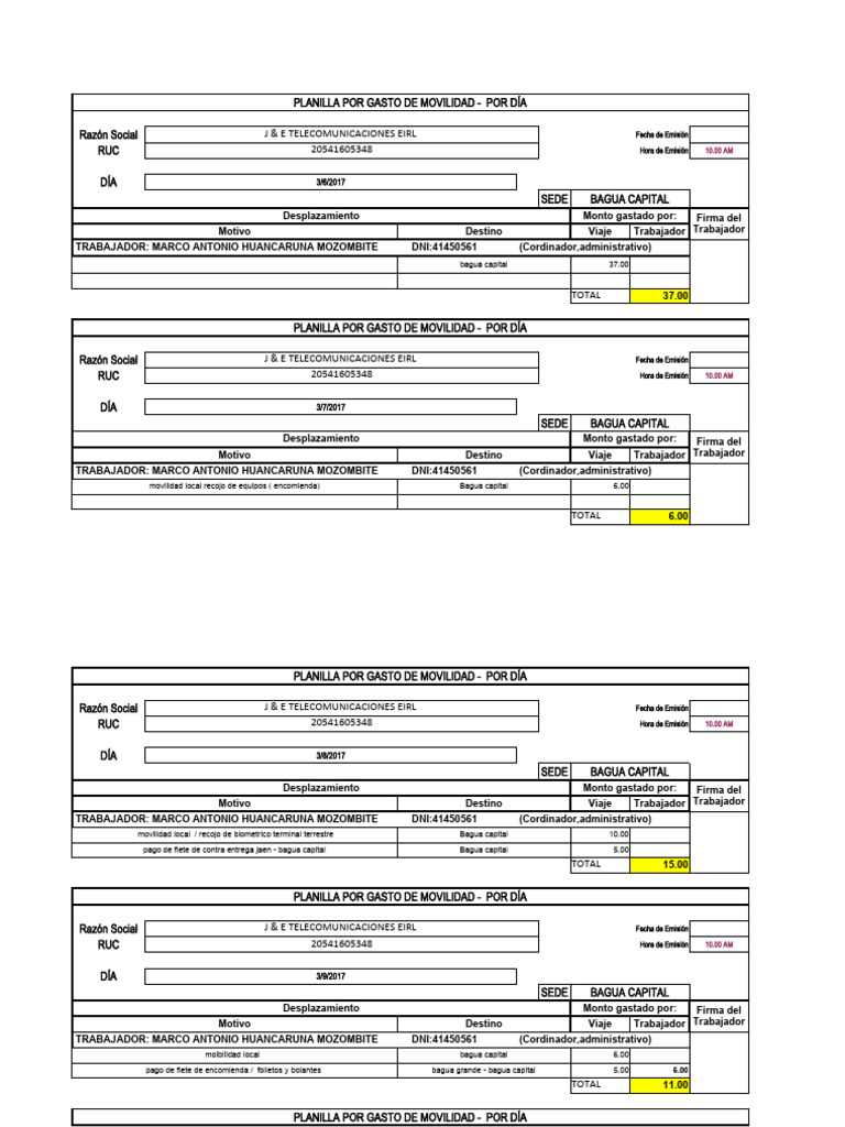 Planilla de Movilidad Abril | PDF