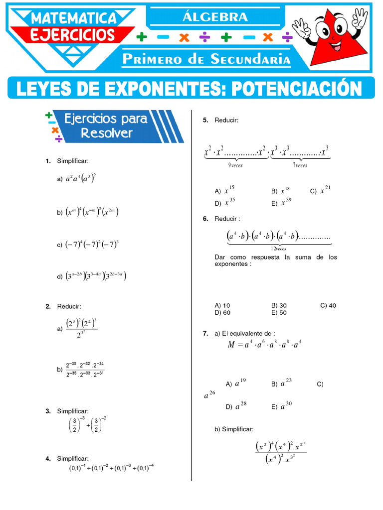 Leyes de Exponentes Potenciacion para Primer Grado de Secundaria | PDF