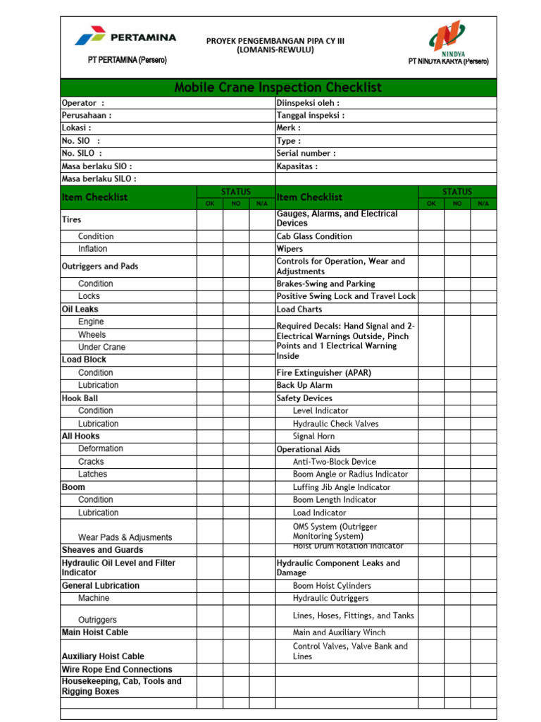 Form Inspeksi Peralatan - Cyiii | PDF | Crane (Machine) | Manufactured ...