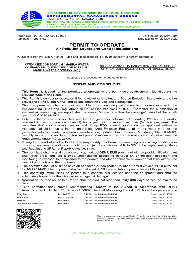 Permit To Operate Certificate | PDF | Air Pollution | Clean Air Act ...