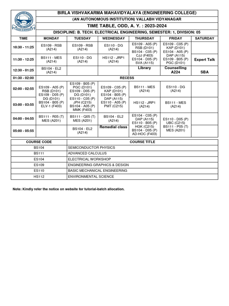 TIME TABLE, ODD, A. Y.: 2023-2024: Birla Vishvakarma Mahavidyalaya (Engineering College) | PDF ...