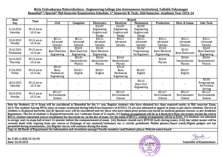 17 - Remedial-Special Mid Sem Exam Schedule For 1st Sem. B.Tech. Regular and For NPTA of AY22-23 ...