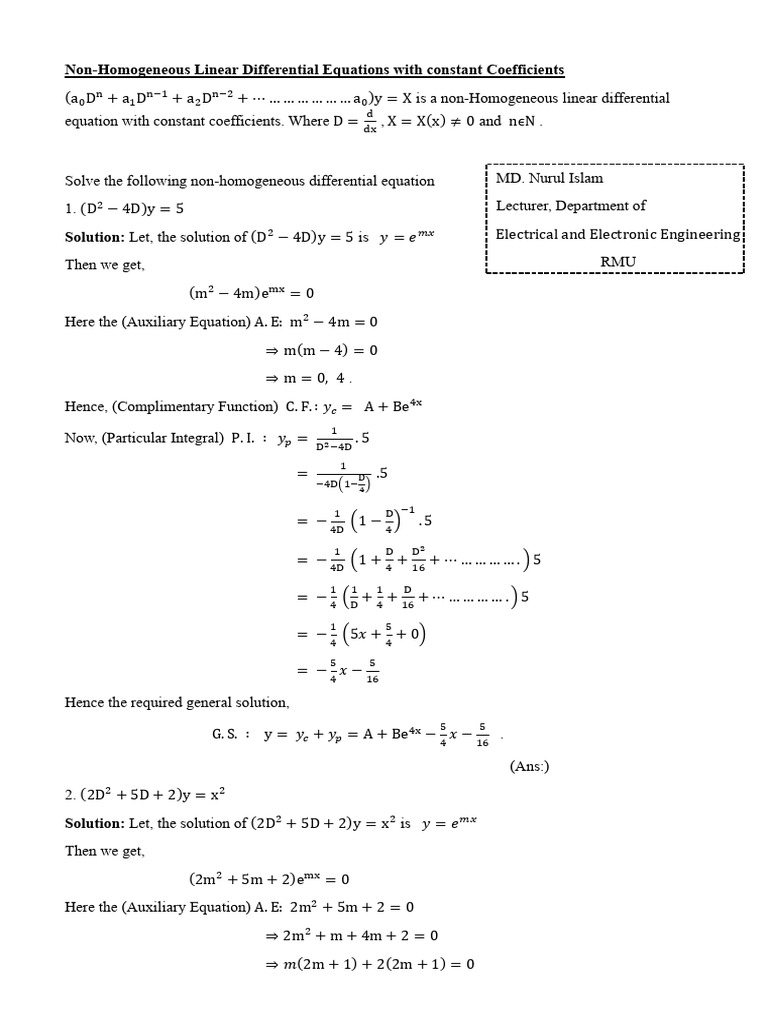 Nonhomogeneous Linear Differential Equations With Constant Coefficients ...