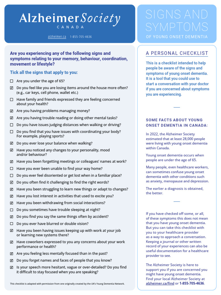 Young Onset Dementia Personal Symptom Checklist | PDF | Dementia ...