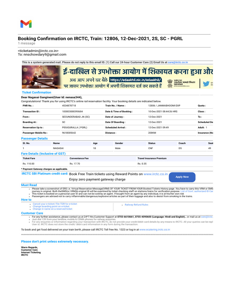 Gmail - Booking Confirmation On IRCTC, Train - 12806, 12-Dec-2021, 2S ...