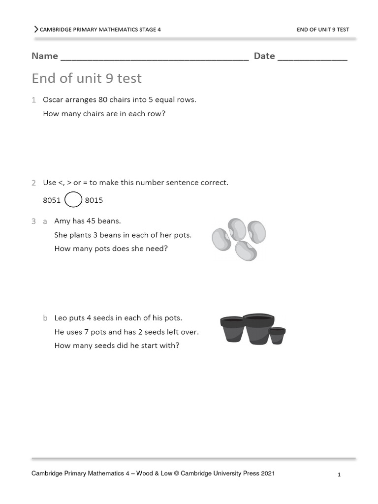 Prim Maths 4 2ed TR Unit 9 Test | PDF
