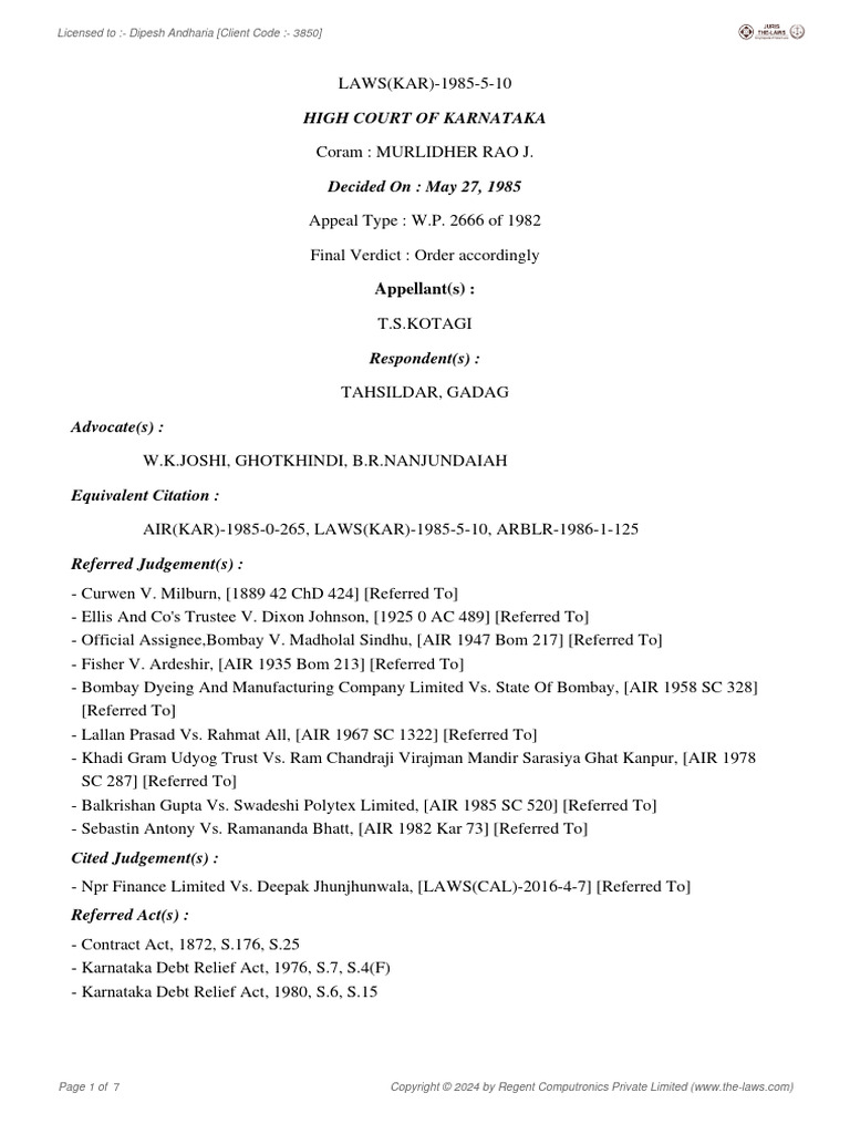 AIR 1985 Kar 265 | PDF | Debt | Lawsuit
