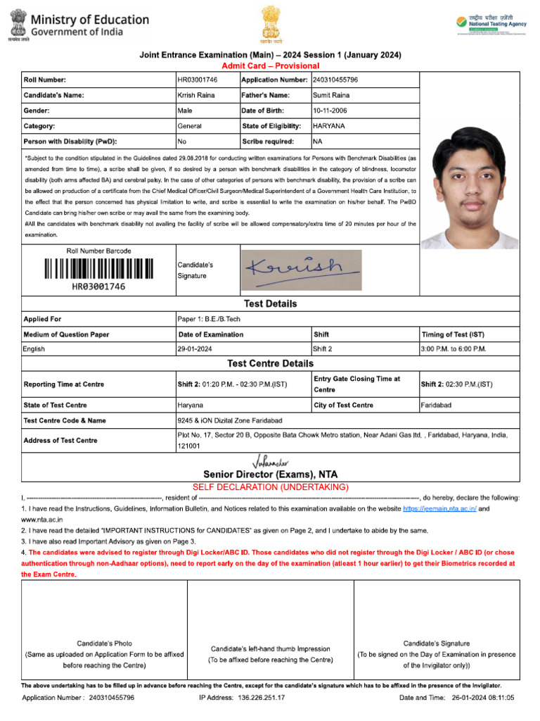 Admit Card - Krrish Raina | PDF