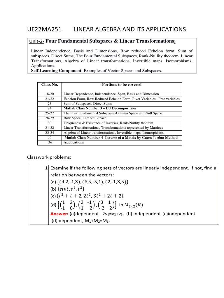 Unit 2 Classwork - Docla 24 | PDF | Linear Subspace | Linear Map
