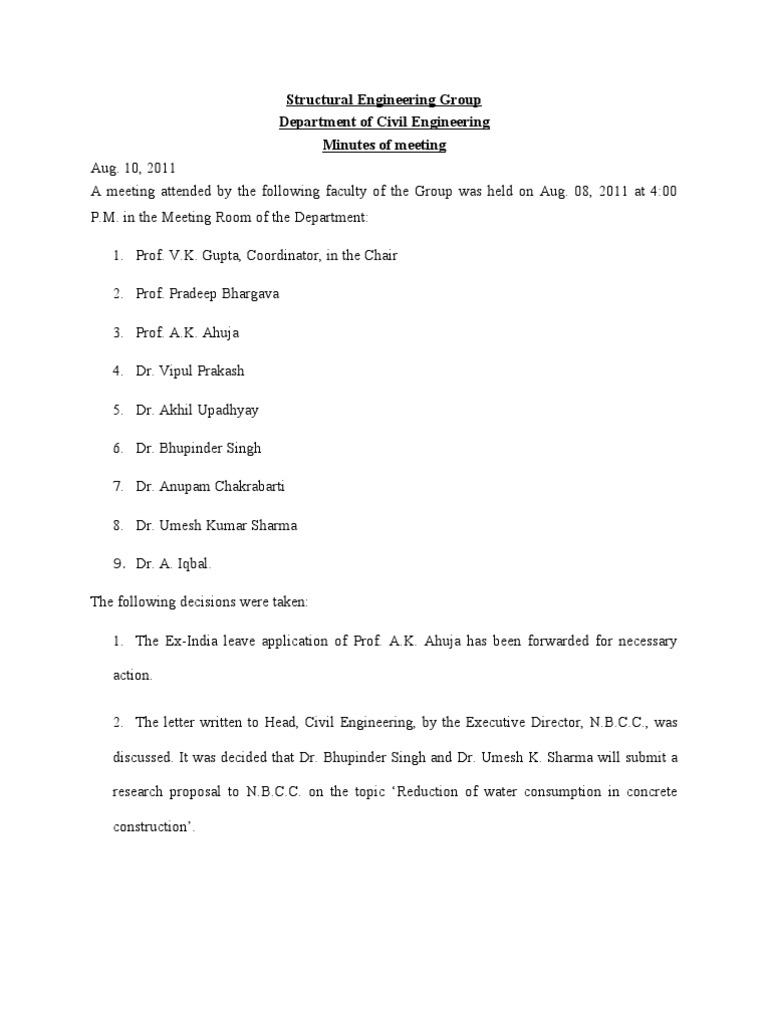 Structural Engineering Group Department of Civil Engineering Minutes of ...