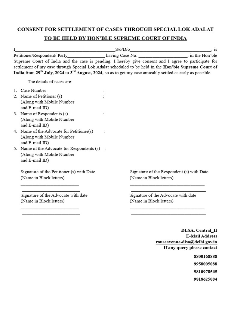 Consent Form For Settlement of Cases | PDF | Peace | Government Of India