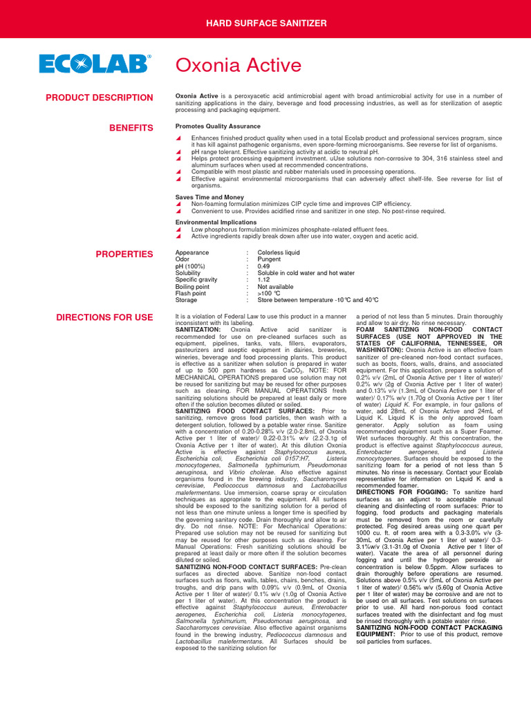ISG-ENG - Catsheet - OXONIA ACTIVE - 62040415 | PDF | Disinfectant | Water