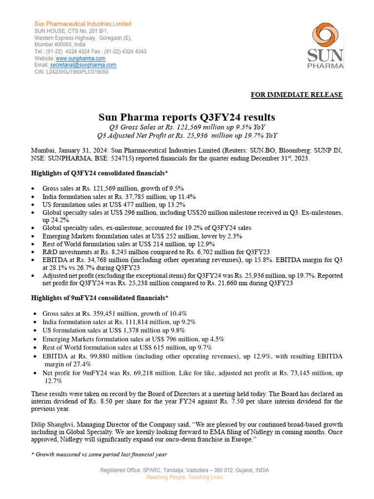 Press Release Sun Pharma Q3FY24 Financial Result | PDF