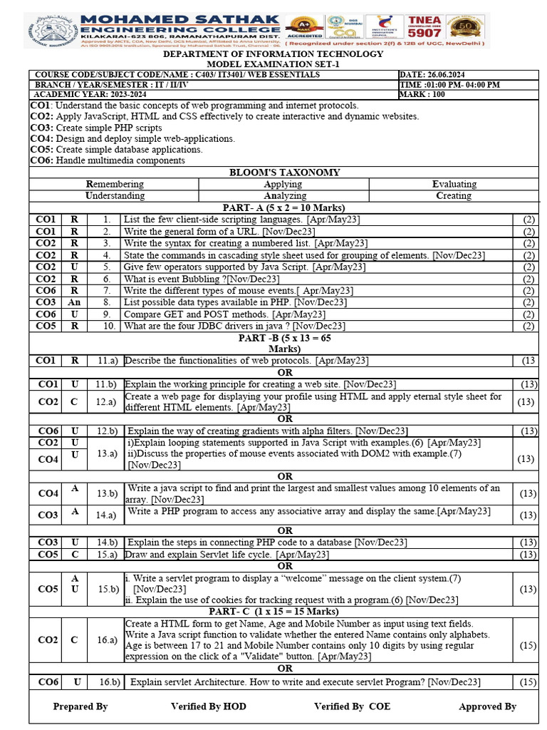 IT3401 - Model Exam Set 1 | PDF | Dynamic Web Page | World Wide Web