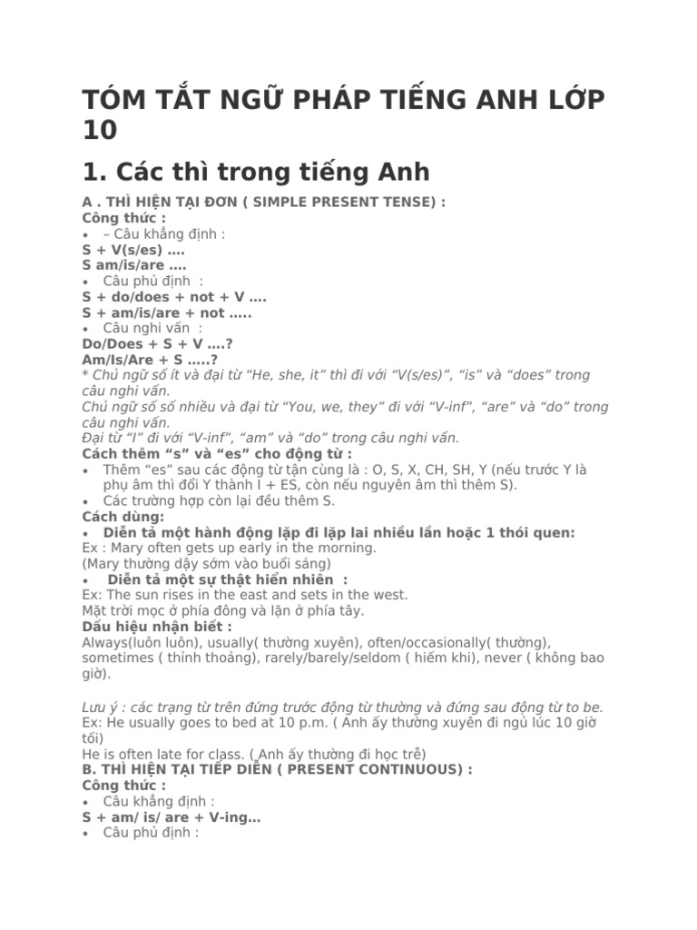 Tom Tat Ngu Phap Tieng Anh Lop 10 | PDF