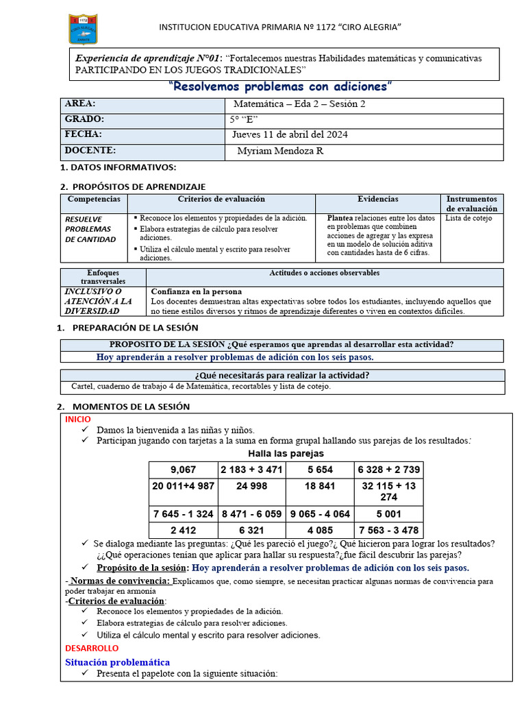 Problemas de Adición | PDF | Aprendizaje | Evaluación