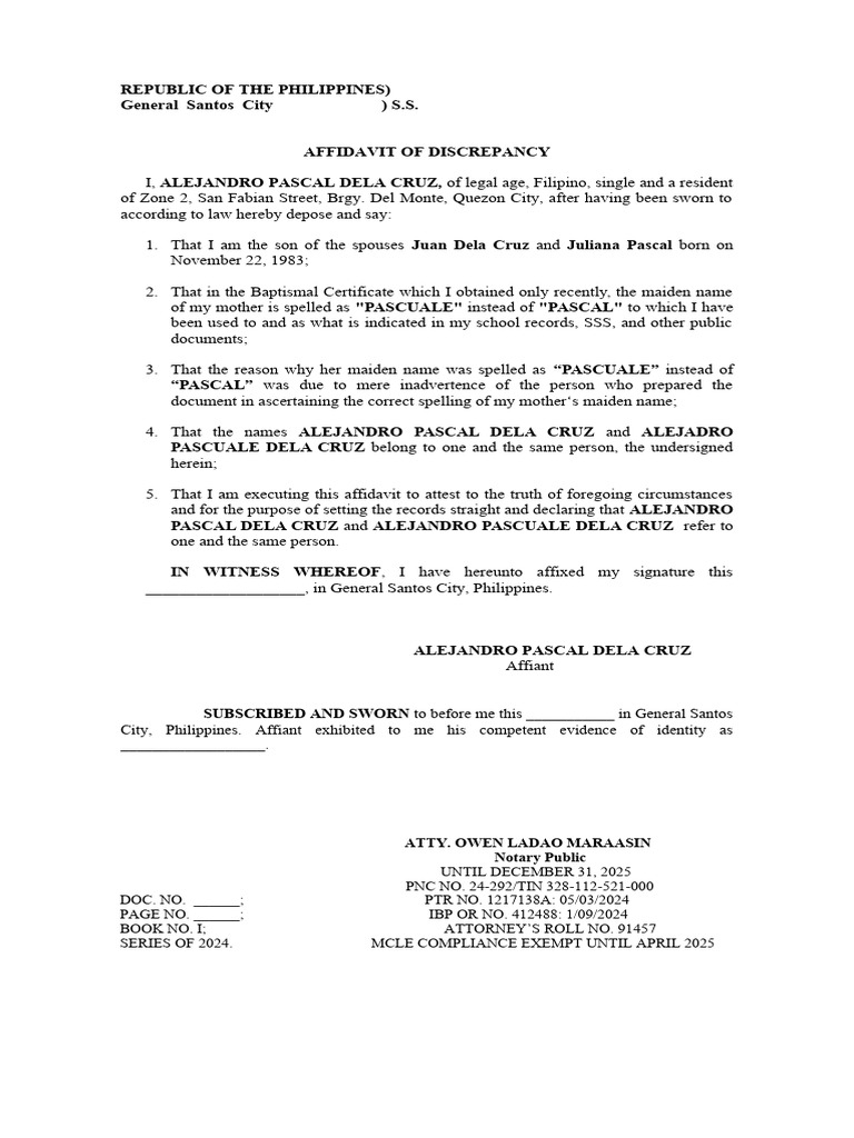 2 Affidavit of Discrepancy in Mothers Maiden Name | PDF | Law