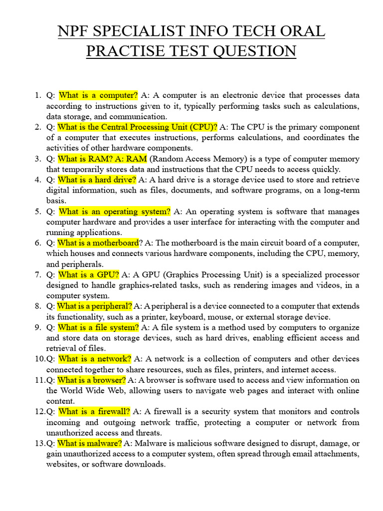 NPF Specialist Info Tech Oral Practise Test Question | PDF | Computer ...